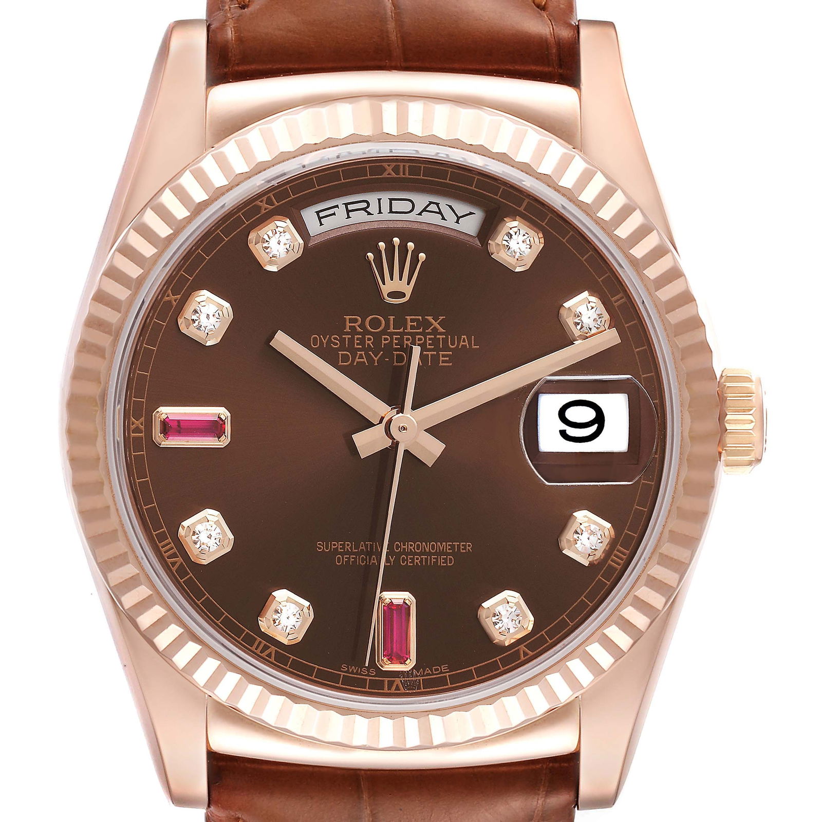 Rolex President Day Date Rose Gold Diamond Ruby Dial Mens Auction