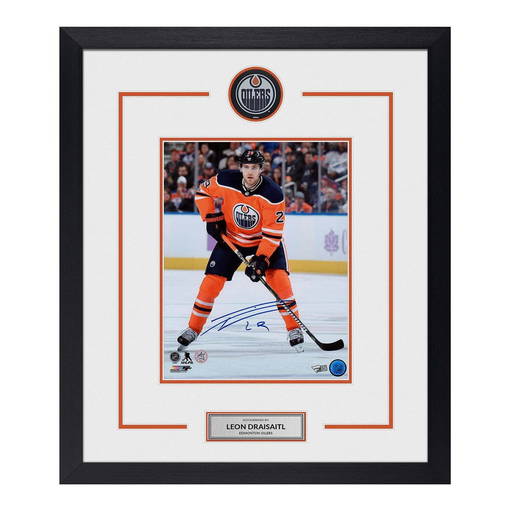 Leon Draisaitl Signed Edmonton Oilers Puck Display 19x23 Frame