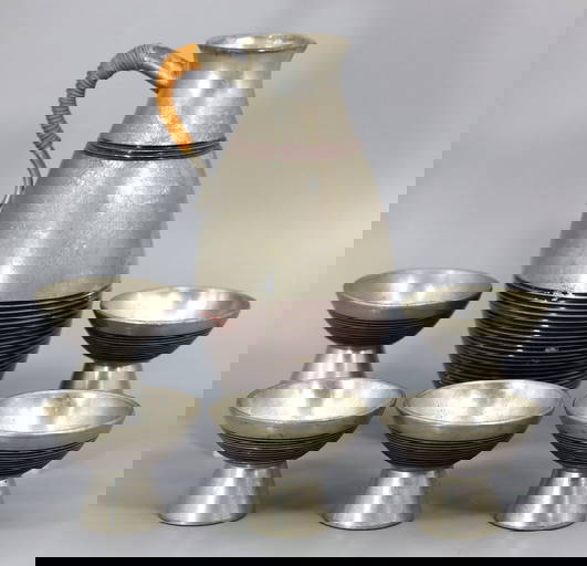 Collection Of Vintage Silver Pewter Bottle Along With 5 Pewter Sake Cups