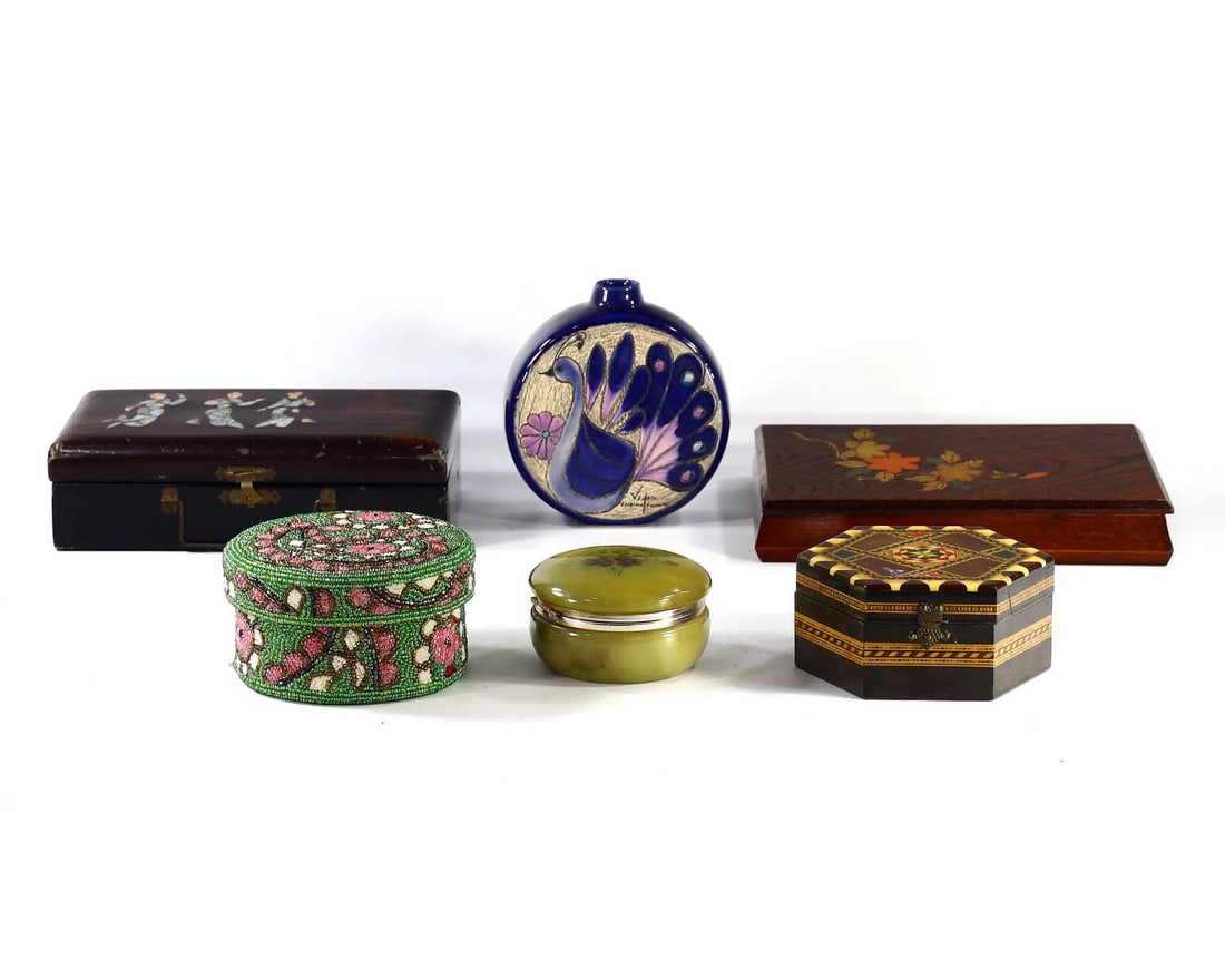 Group Of 6 Japanese Decorative Boxes And Ceramics - Vintage ...