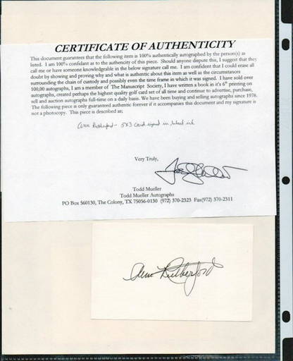 Ann Rutherford Signed Autograph On A 5 X 3 Card W/coa
