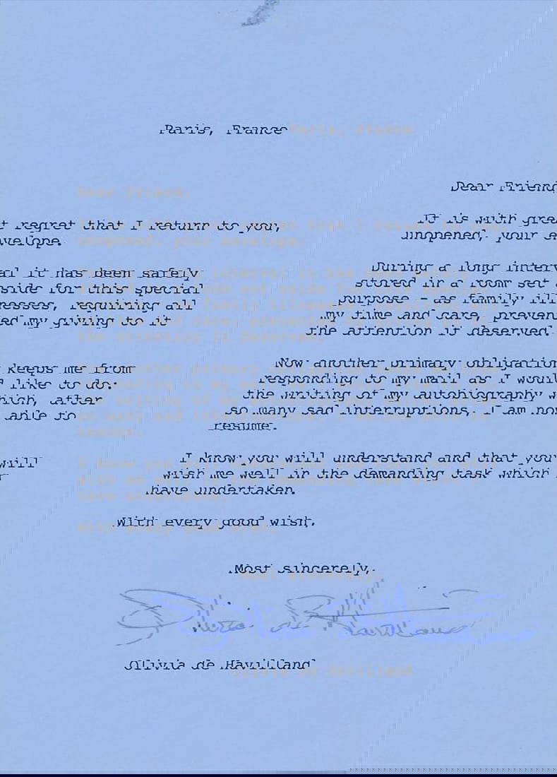 Olivia De Havilland - Signed Letter Auction