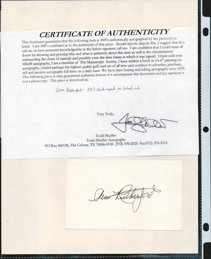 Ann Rutherford Signed Autograph On A 5 X 3 Card W/coa Auction