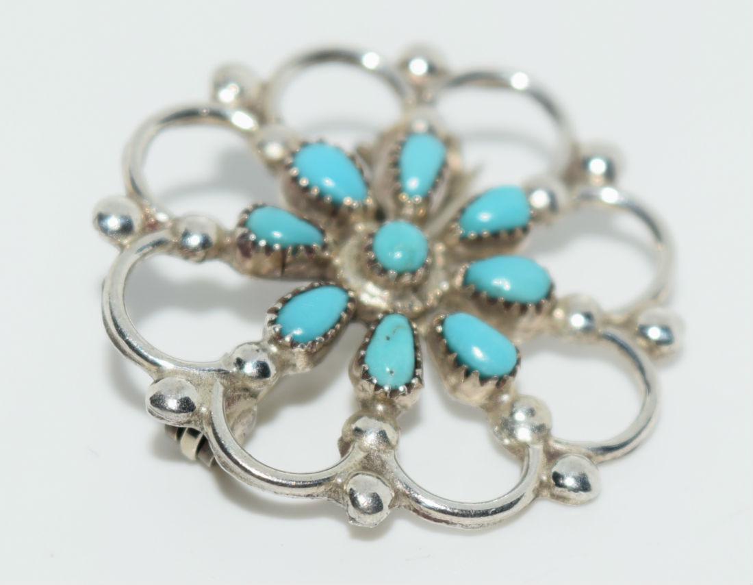 Vintage Sterling Needlepoint Turquoise Brooch