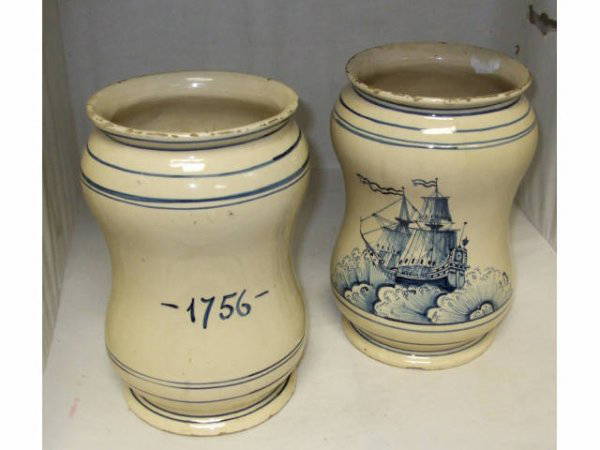 Pr. 18th Century Blue Stencil Ship Scene Crocks