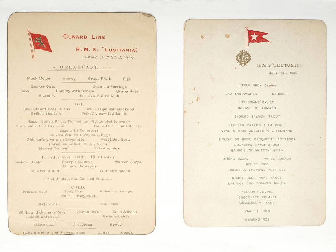 Menu Cards From The Rms Lusitania And Rms Teutonic, 1910 And 1905 ...