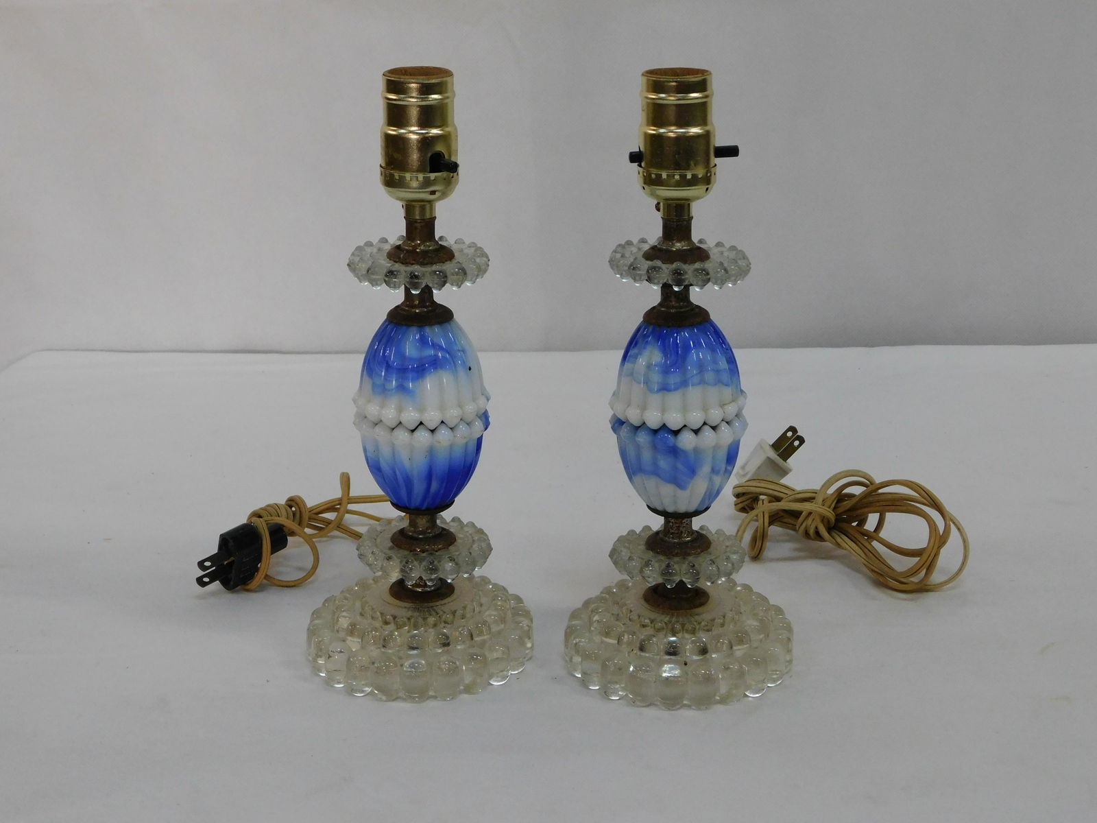 Vintage Blue Slag Glass And Crystal Lamps