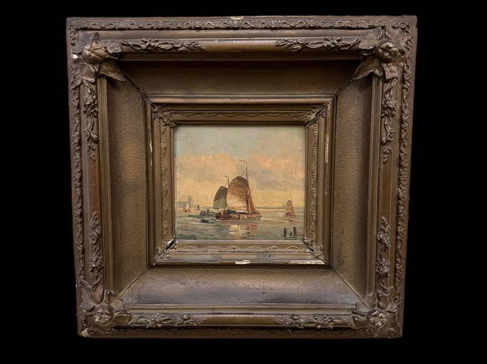 Dutch Harbor Scene, Oil On Board