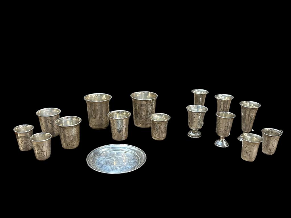 15 Russian Chased Silver Shot Cups, Tray Auction