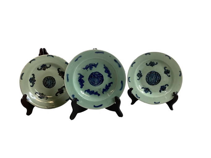 Three Asian Porcelain Five Bats Plates