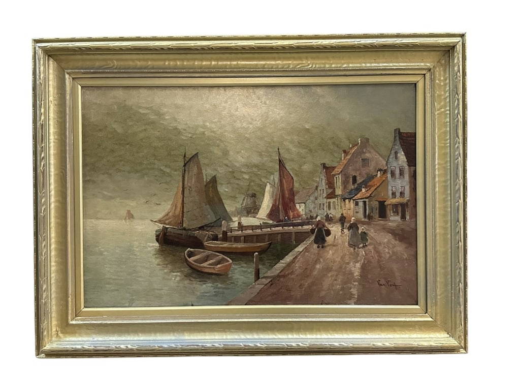 Dutch Harbor Scene, Oil On Canvas Auction