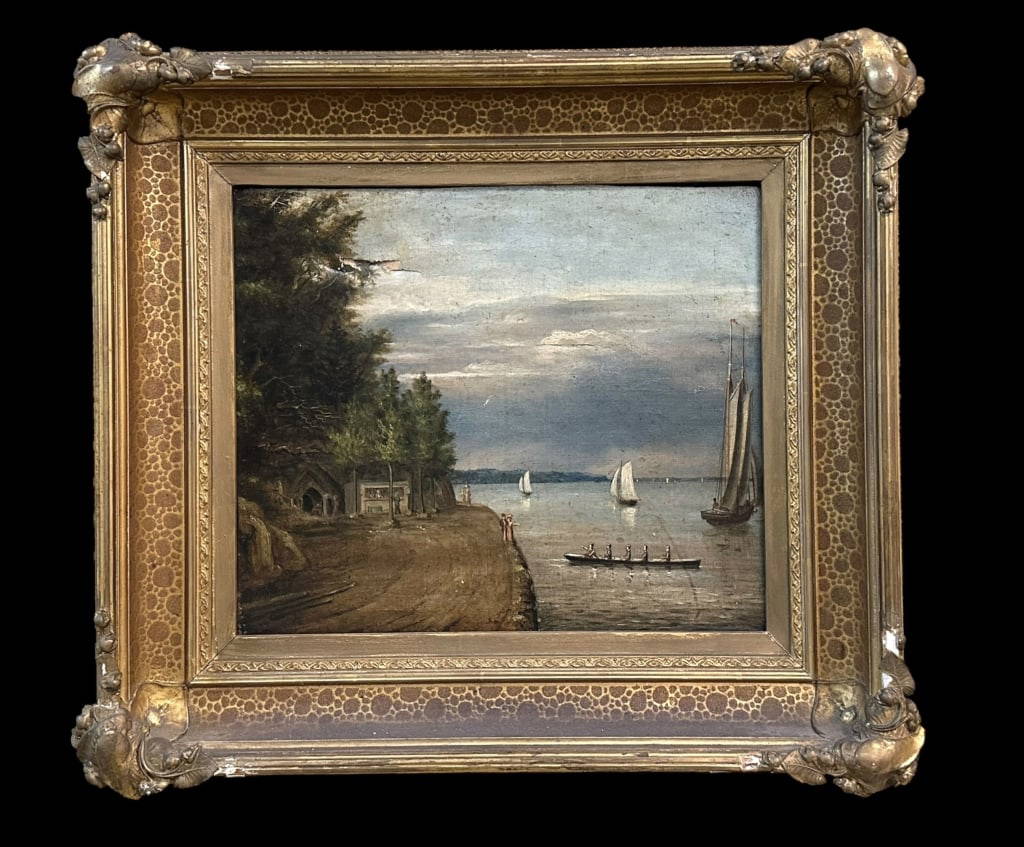 Lakeside Labdscape With Boaters Auction