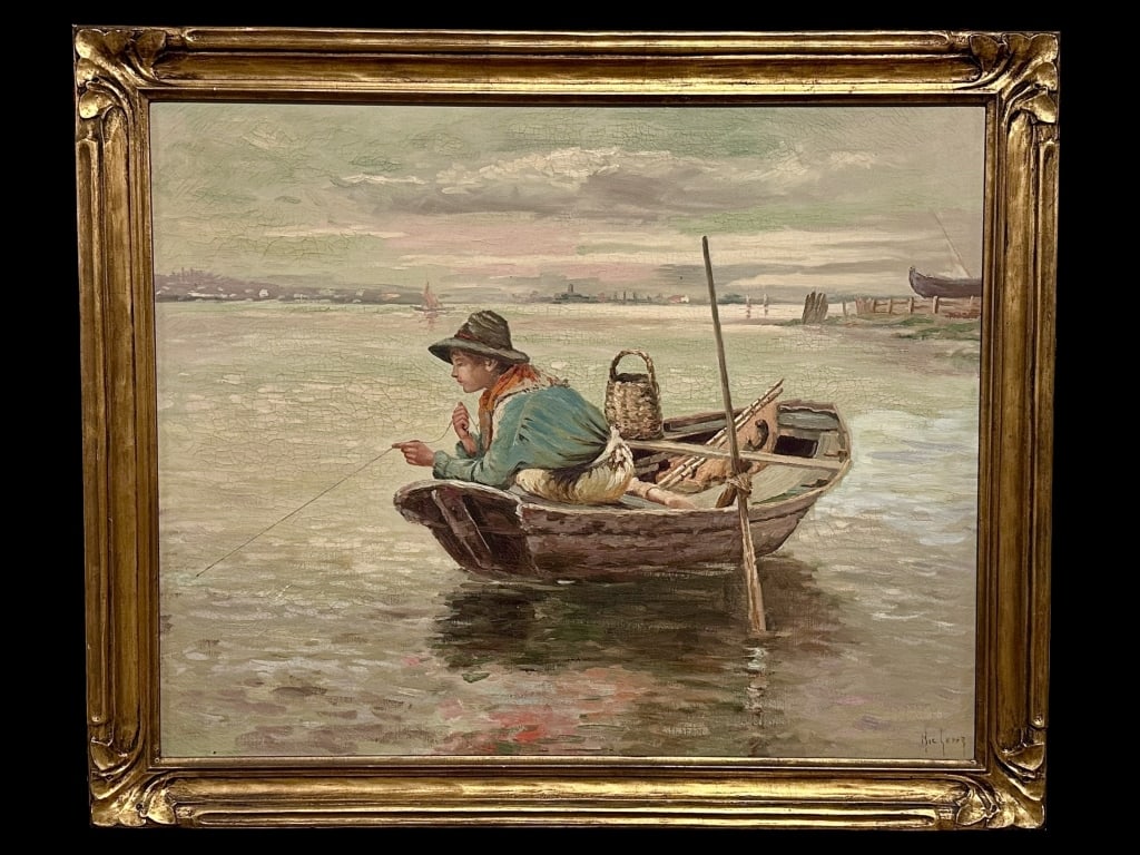 Boy Fishing From Boat, Nic Lenz Auction