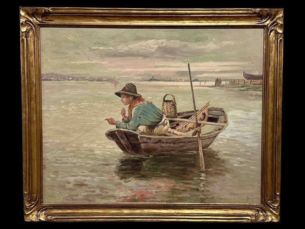 Boy Fishing From Boat, Nic Lenz Auction