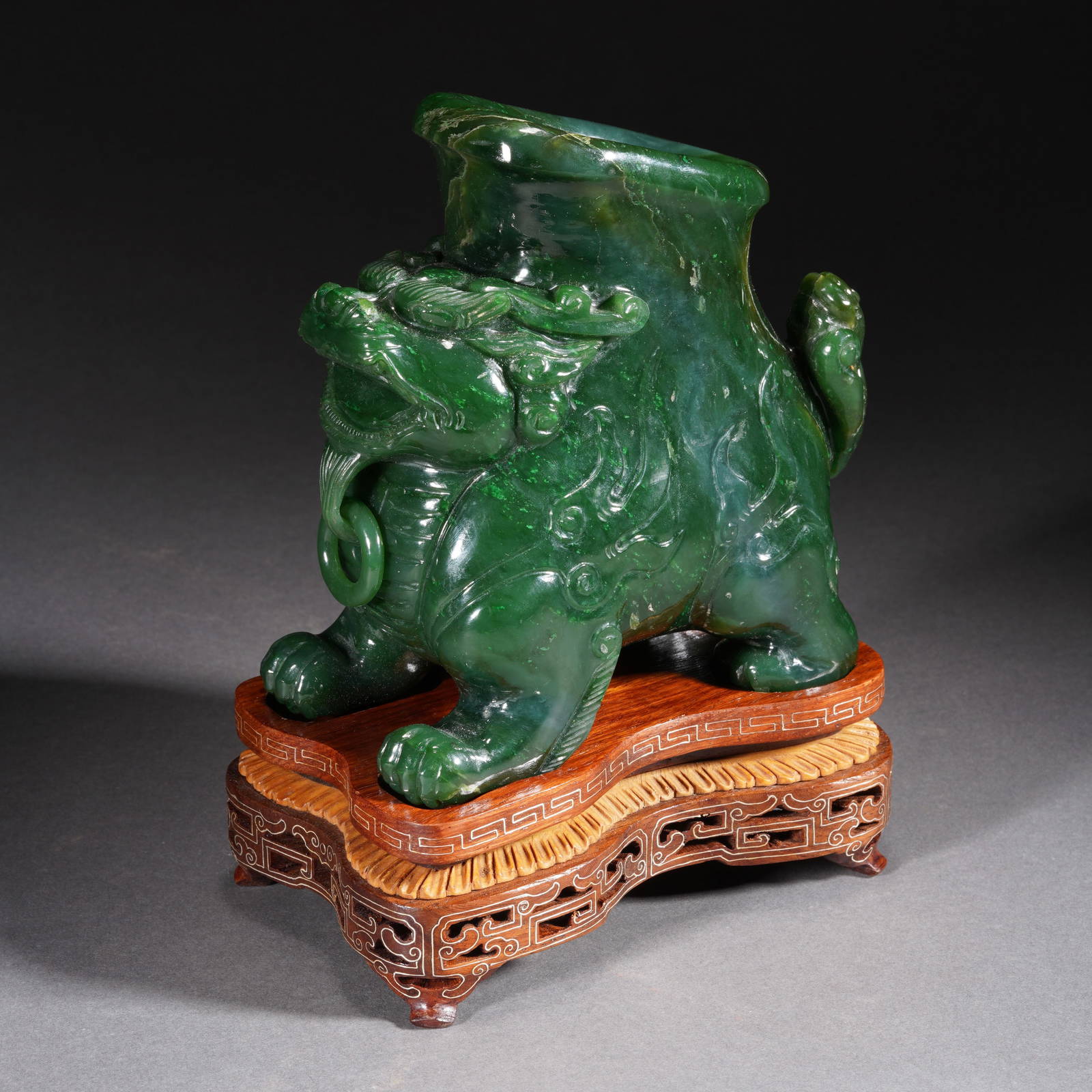 A Carved Spinach Green Jade Mythical Beast Vessel Auction