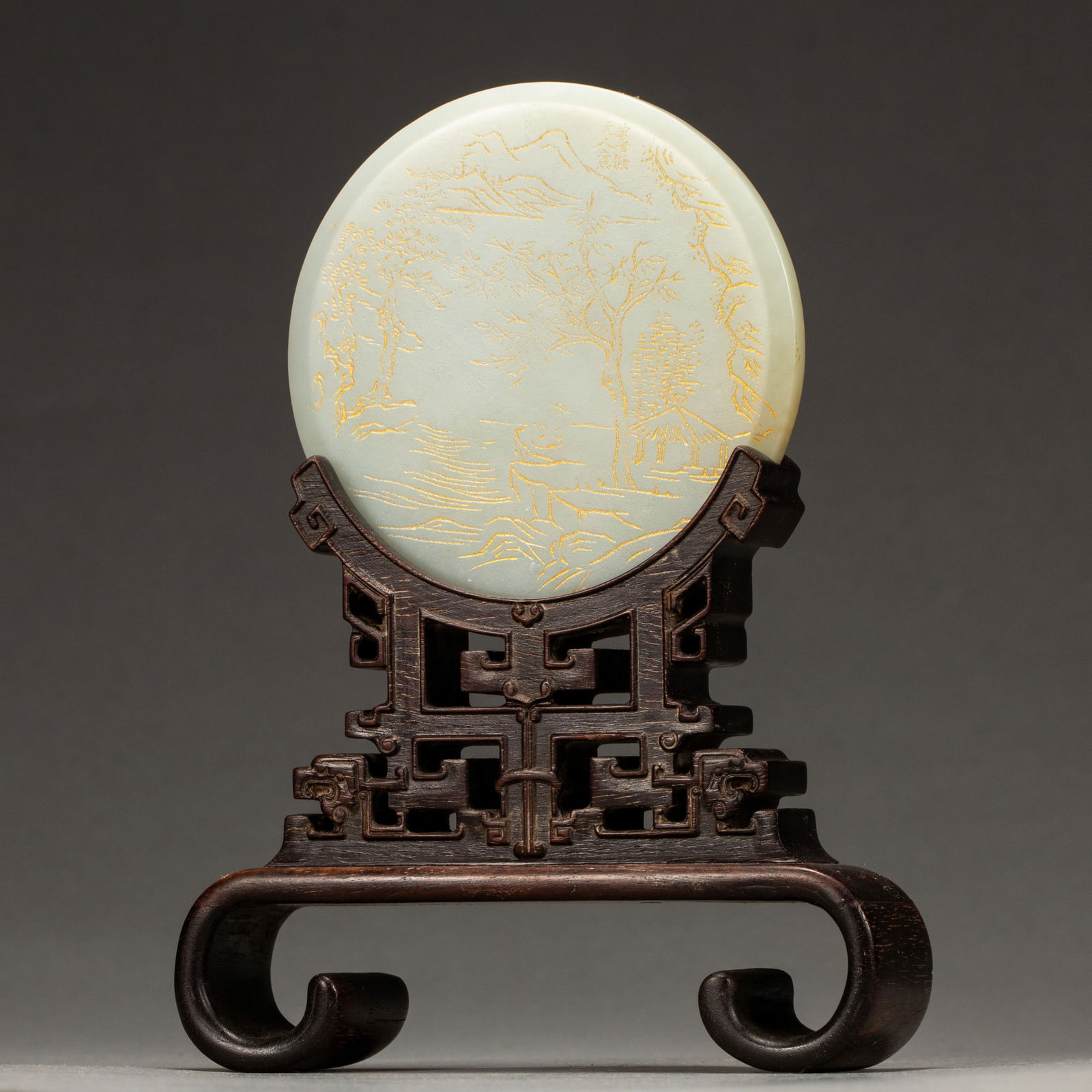 A Chinese Incised Landscape Jade Table Screen Auction
