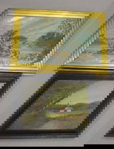 Two Landscape Paintings. Pictured Is A Naive Water