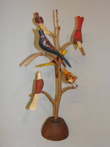 Bird Tree By Strawser. Carved Wooden Folk Art Tree