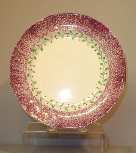 Spatterware Plate. Purple Paneled Border With Gree