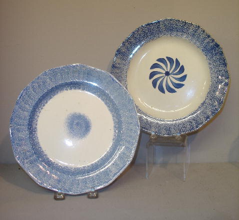 Two Blue Spatter Plates. Paneled Edges. One Has A