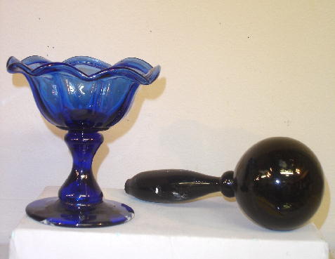 Two Pieces Of Blown Glass. Cobalt Compote With Sca