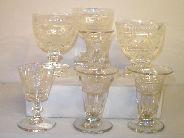 Seven Flint Glasses. Three Cut Glass Goblets With