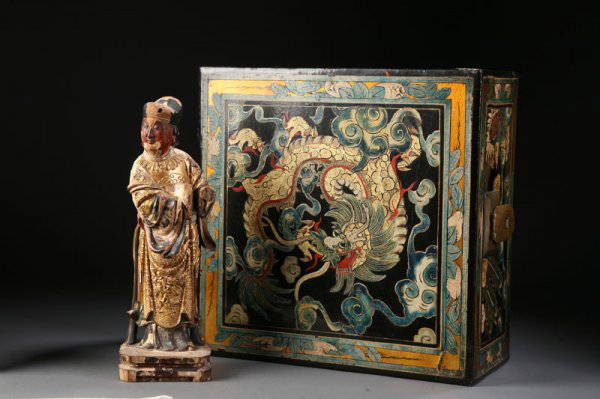 Oriental Wood Box And Figure.