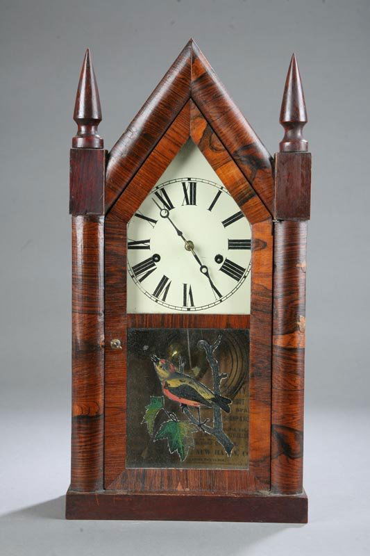 Reverse Painted Steeple Clock. Veneer Cased Clock