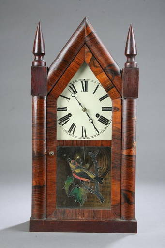 Reverse Painted Steeple Clock. Veneer Cased Clock