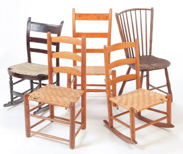 Three American Rocking Chairs And Two Side Chairs.