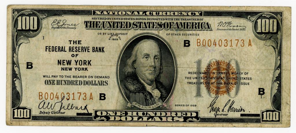 1929 $100 National Currency New York Bank Note