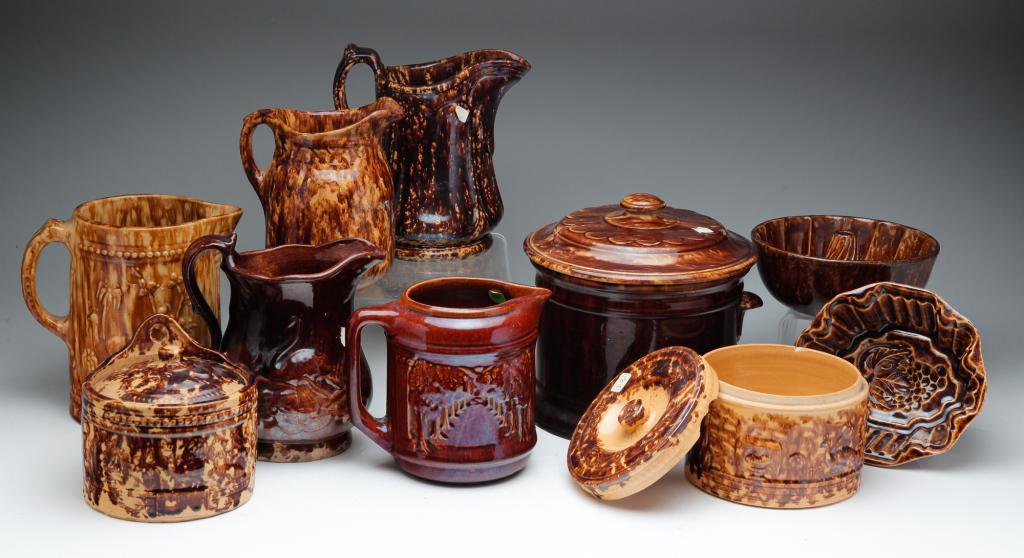 Ten Pieces Glazed Rockingham Pottery Pieces.