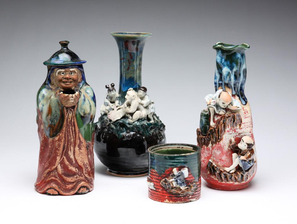 Four Japanese Sumida Gawa Pottery Pieces.