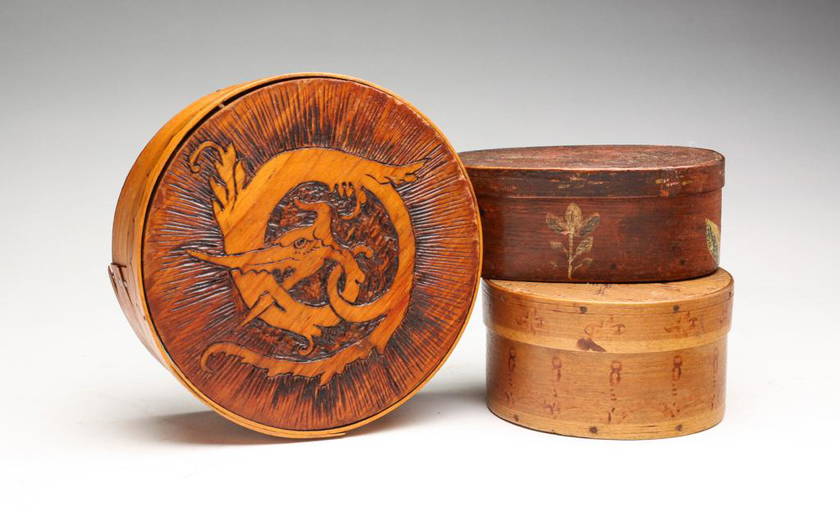Three Decorated Bentwood Boxes.