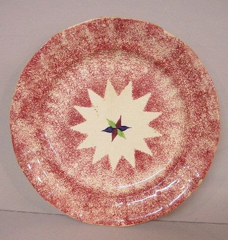Red Spatterware Plate. Dark Red, Green, A