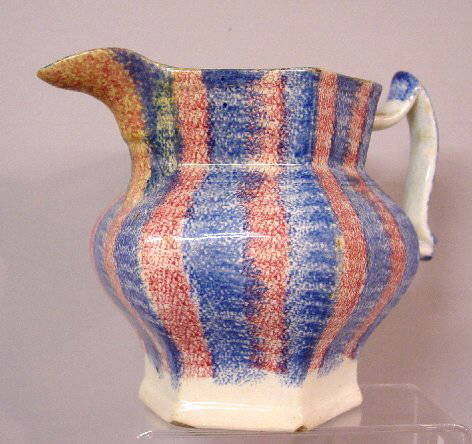 Rainbow Spatterware Paneled Pitcher. Hex