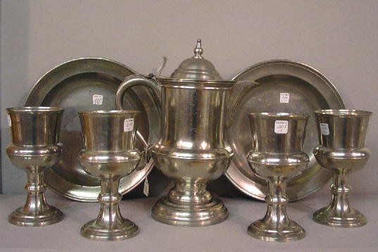 308: SEVEN-PIECE PEWTER COMMUNION SET. Touchmarks for