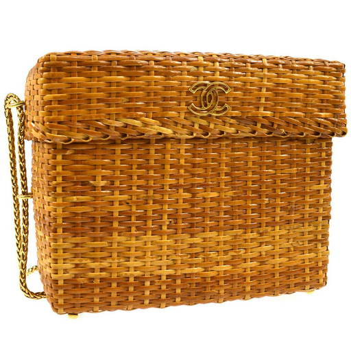 CHANEL CC Logos Basket Chain Shoulder Bag Purse Brown Rattan 5648095 ...