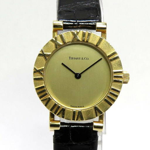 Tiffany & Co. Atlas L0630 Quartz K18 Leather Belt Gold Dial Ladies ...