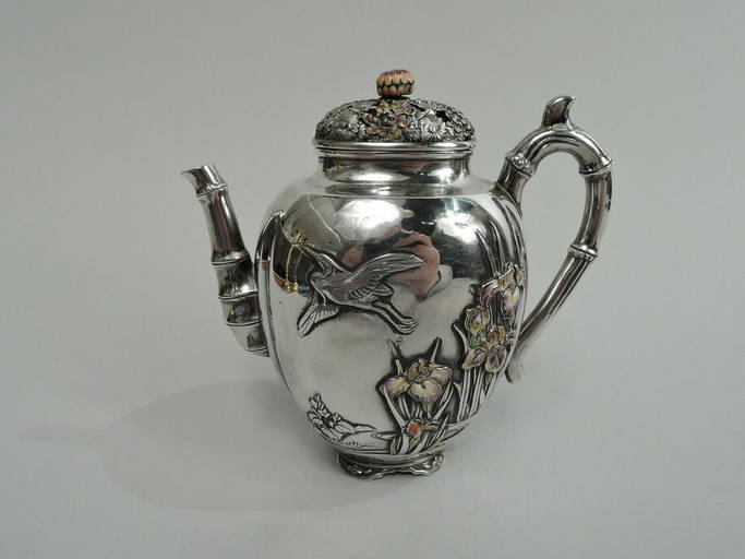 Antique Saki Pot Asian Meiji Export Teapot Japanese Silver Enamel C 1890