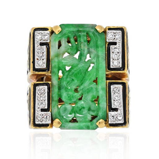 David Webb 18K Yellow Gold Black Enamel Carved Jade And Diamond Ring ...