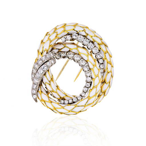 David Webb Snake Scales Coil White Enamel Diamond Circle Brooch