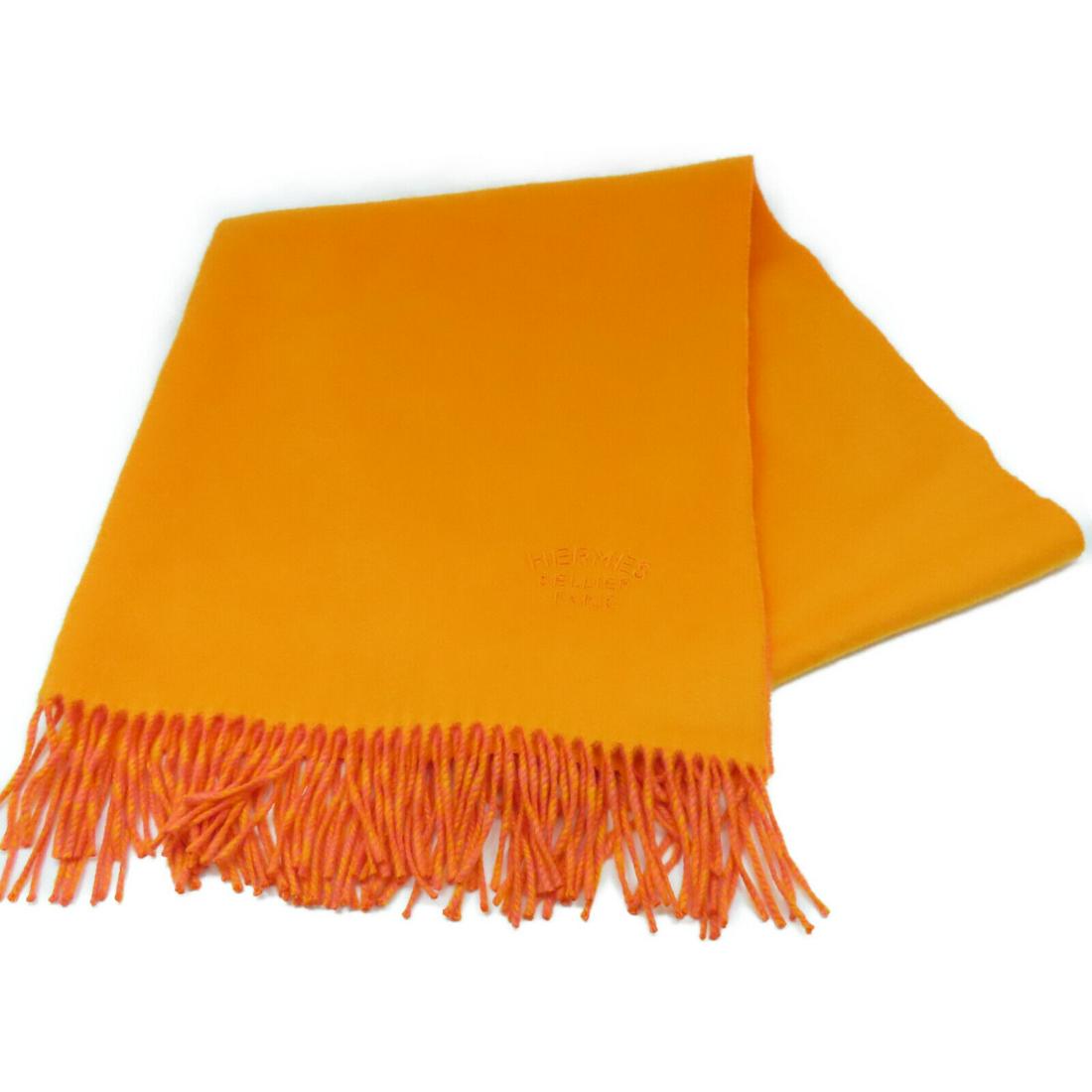 Hermes Cashmere Scarf Muffler Orange Plaid Reversible Double Face Auction