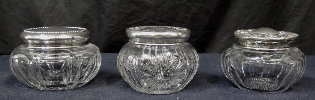Three Vintage Antique Crystal Powders W/ Sterling Silver Lid Covers Auction