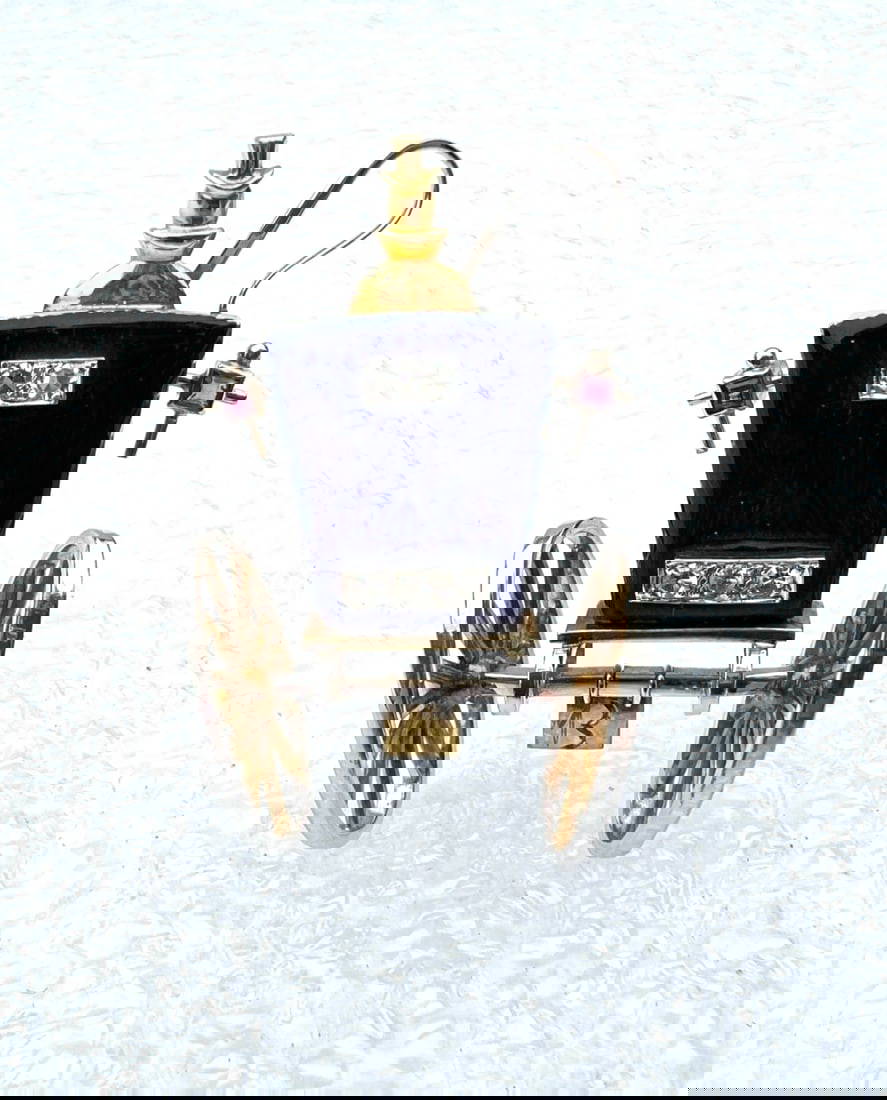 Italian Corletto 18k Yellow Gold Diamond Ruby Enamel Carriage Brooch ...