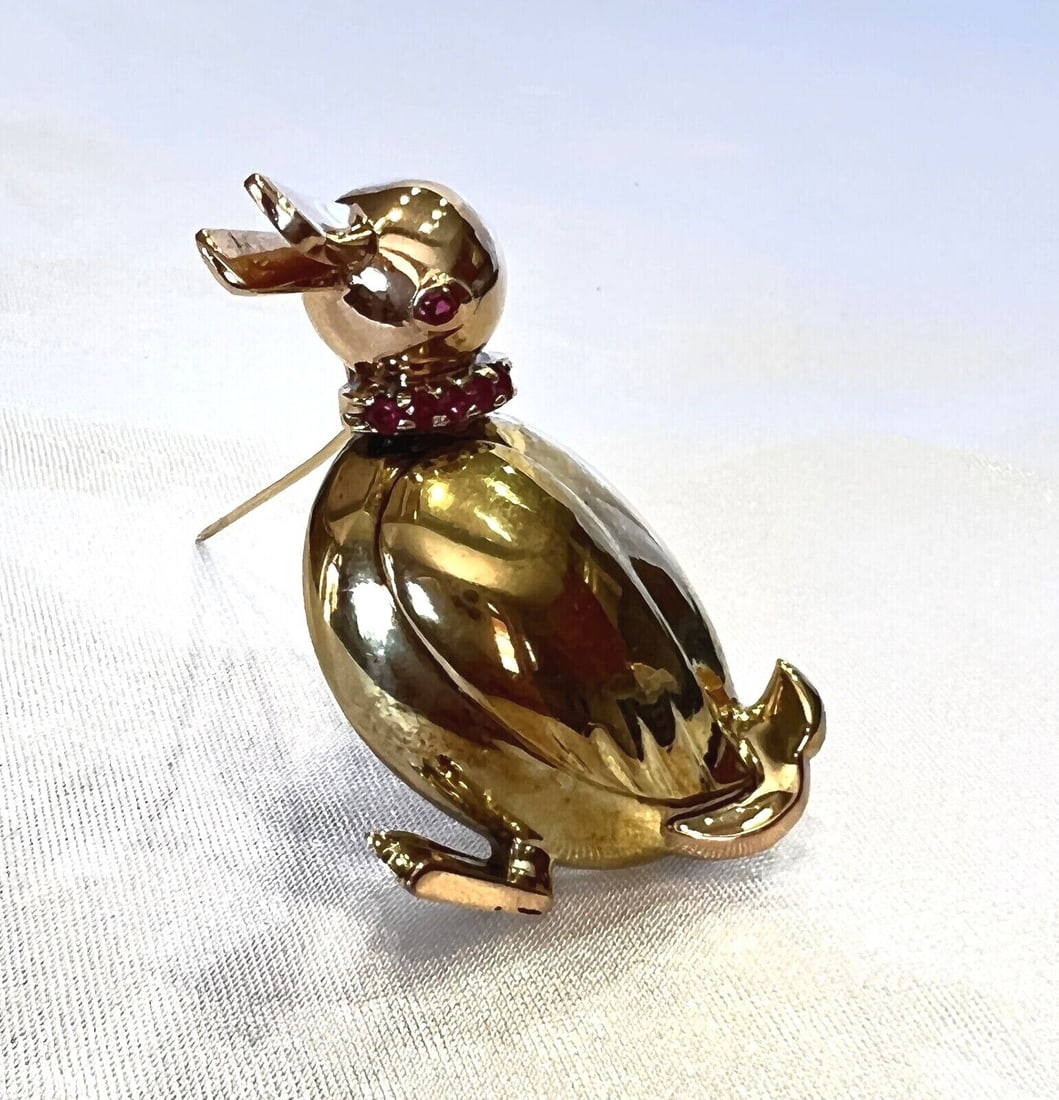 Cartier 14k Rose Gold Retro Ruby Duck Brooch With Box Auction