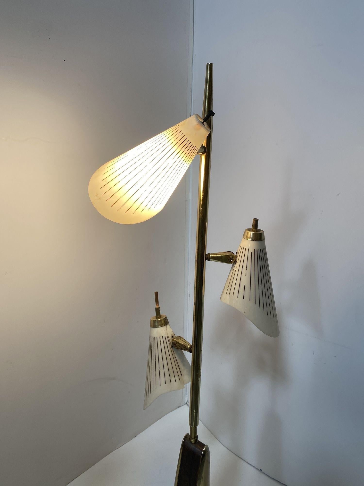Mid Century Googie Brass And Art Pottery Floor Lamp W Fiberglass Shades
