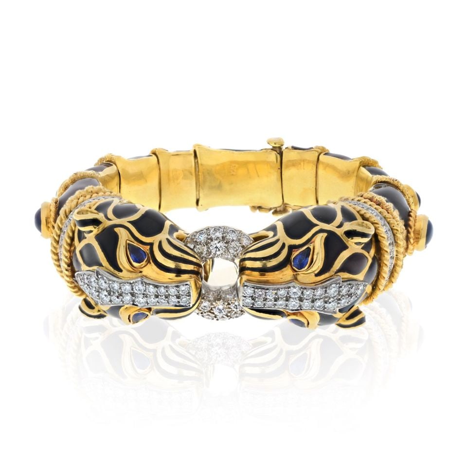 David Webb Platinum & 14k Yellow Gold Double Lion Black Enamel Sapphire ... David Webb Platinum & 14k Yellow Gold Double Lion Black Enamel Sapphire ...