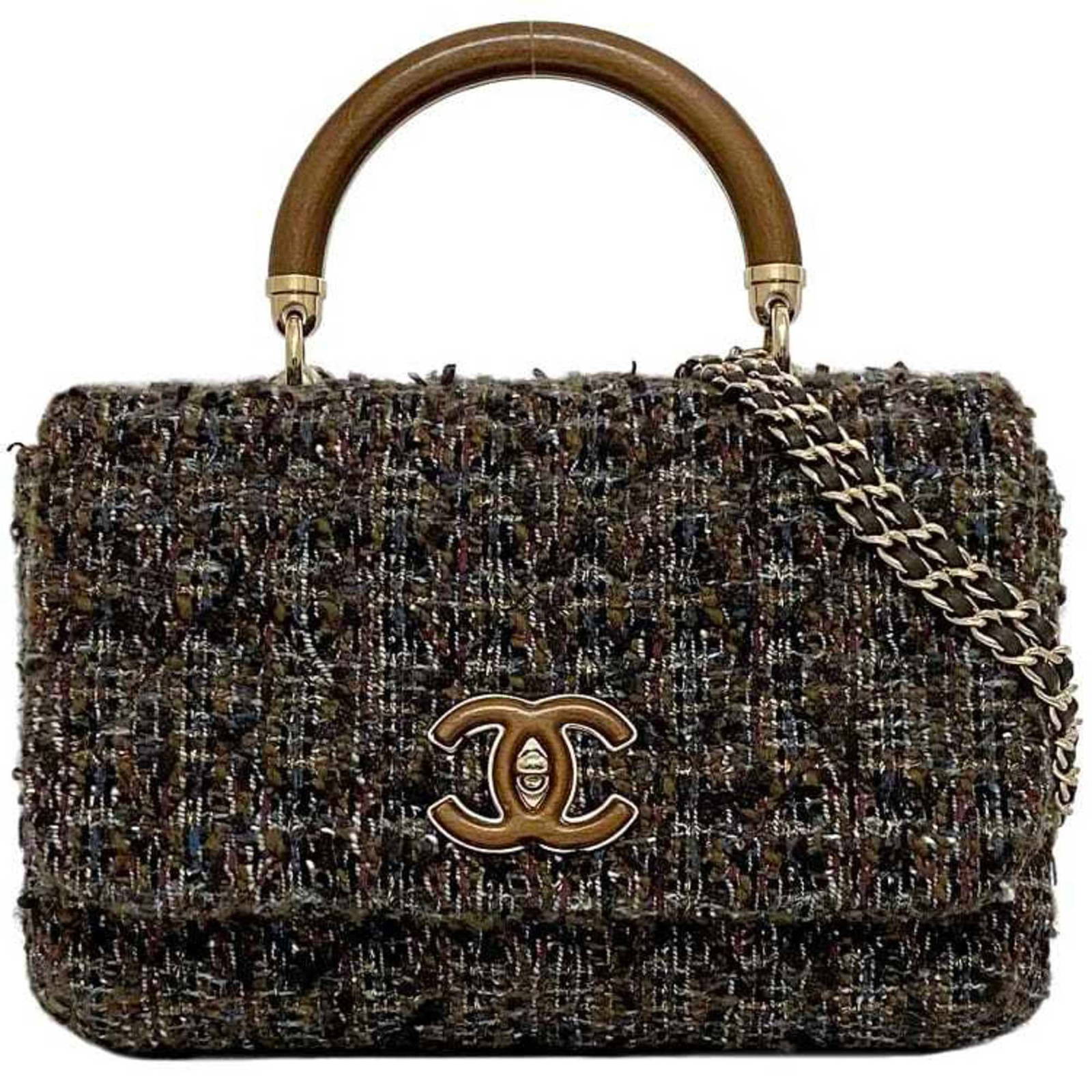 Chanel 2-way Chain Shoulder Bag F-21148 Brown Grey Matelasse Tweed Wood ...