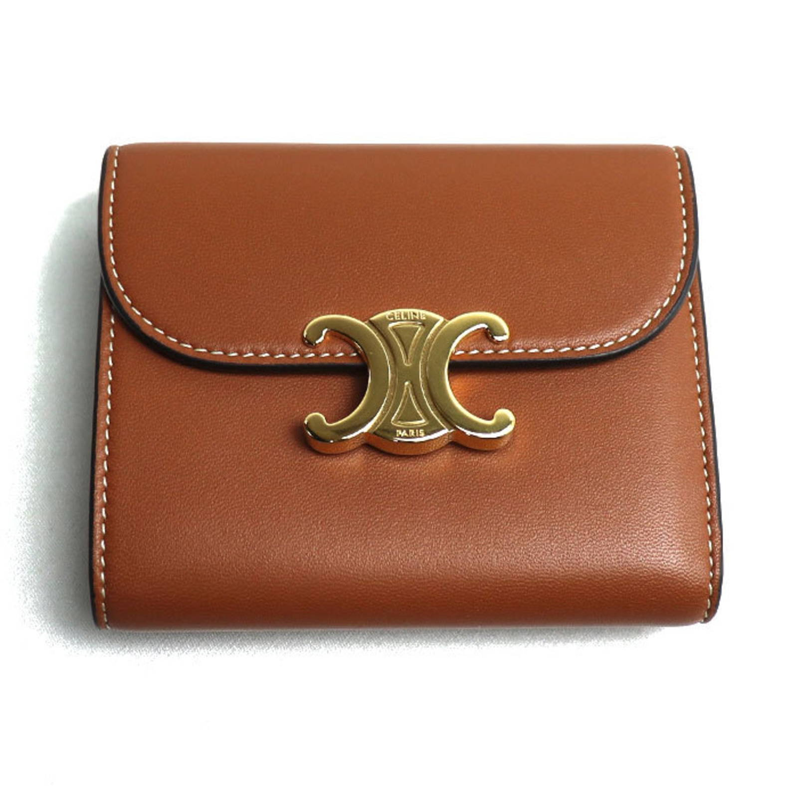 Celine Triomphe Bronze Leather Tri-fold Wallet For Women Auction